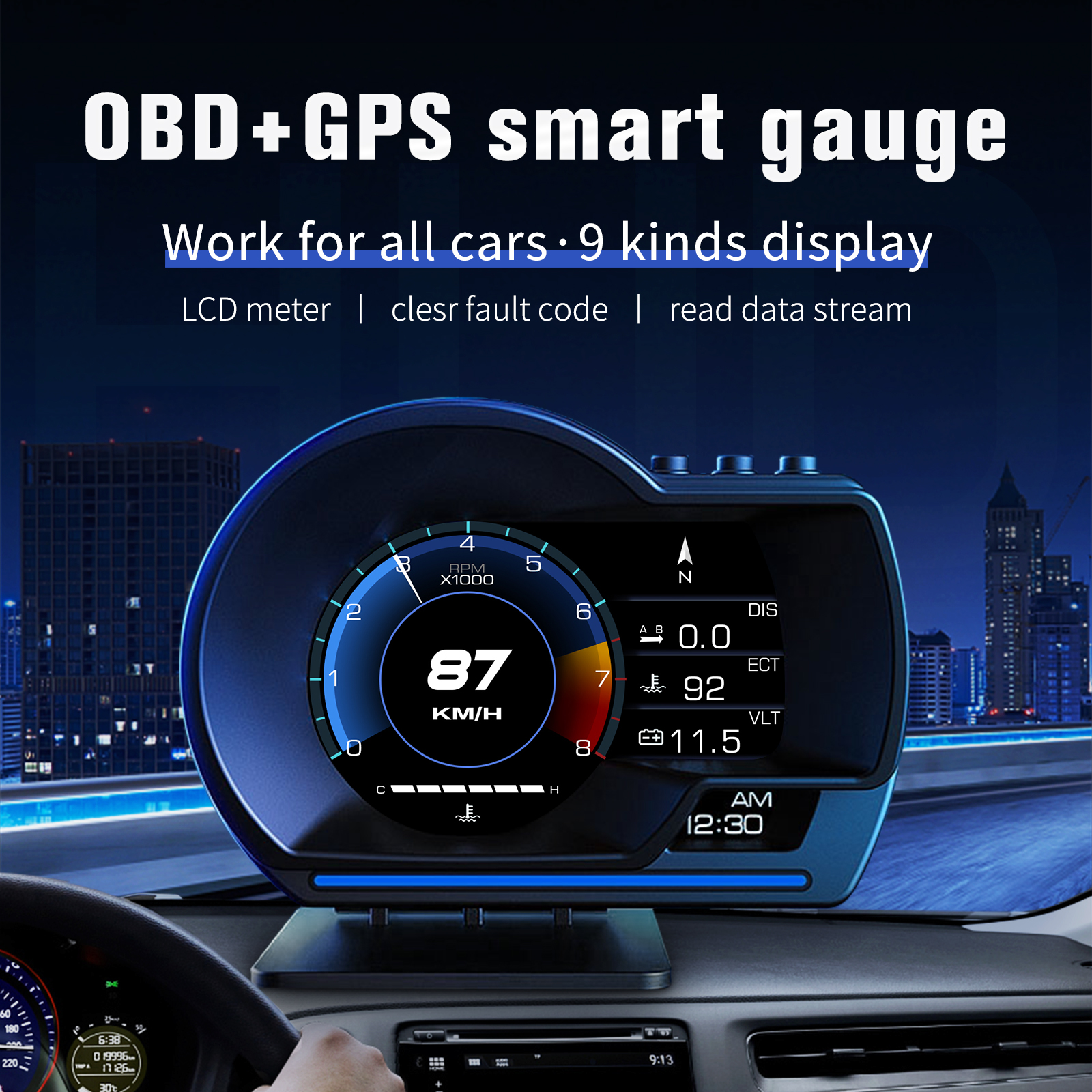 Car OBD Gauge OBD2 Meter Head Up Display Meter Digital Scanner Alarm ...