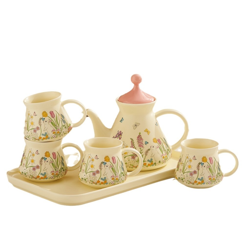 Rustic Farmhouse Ceramic Tea & Coffee Set - Kettle, Cups & Saucers ...