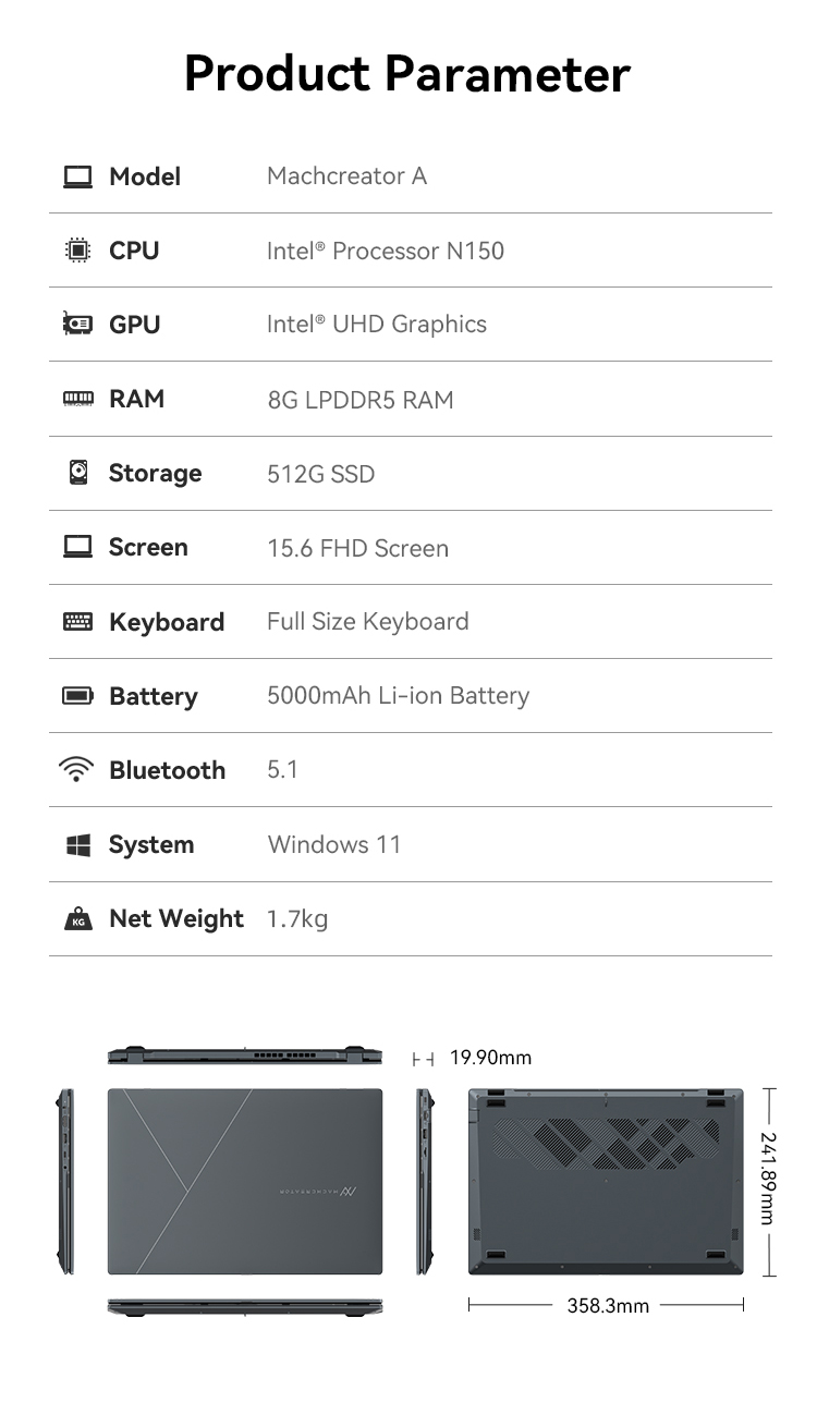 Machenike MC15A 15.6 Inches FHD Intel N150 Laptop, Lightweight 8G RAM ...