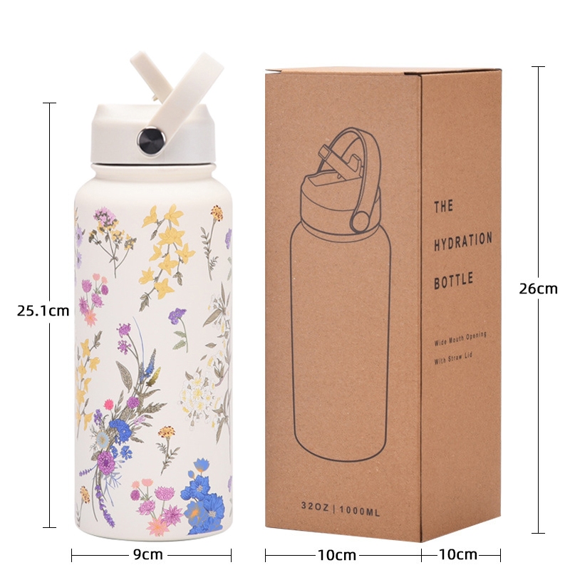 1000ml Thermos Bottle Thermos Cup with Straw Portable Flower Bow ...