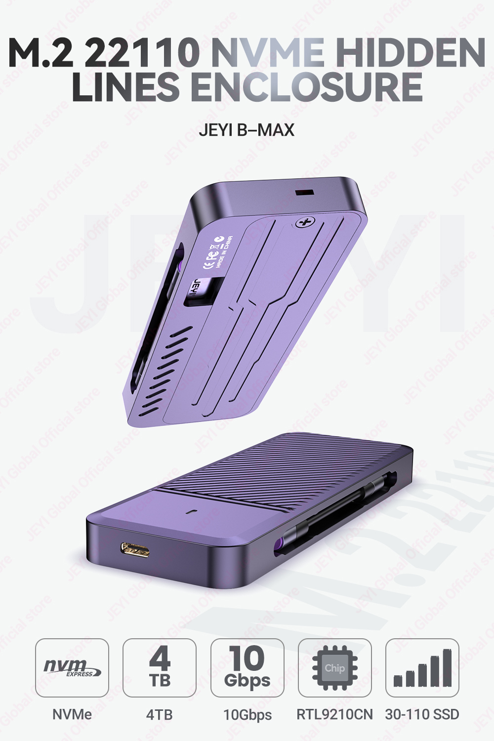 JEYI 22110 M.2 NVME NGFF Enclosure, USB 3.2 Gen2 Type-C 10Gbps SSD Case ...