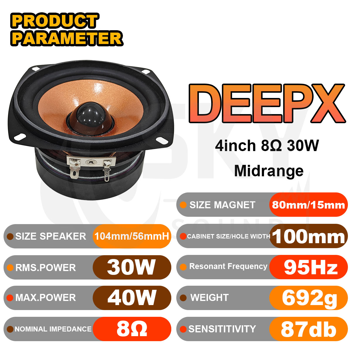 SKYSOUND DEEPX 4inch Midrange Speaker 8Ω 30W Midrange Speaker Car ...
