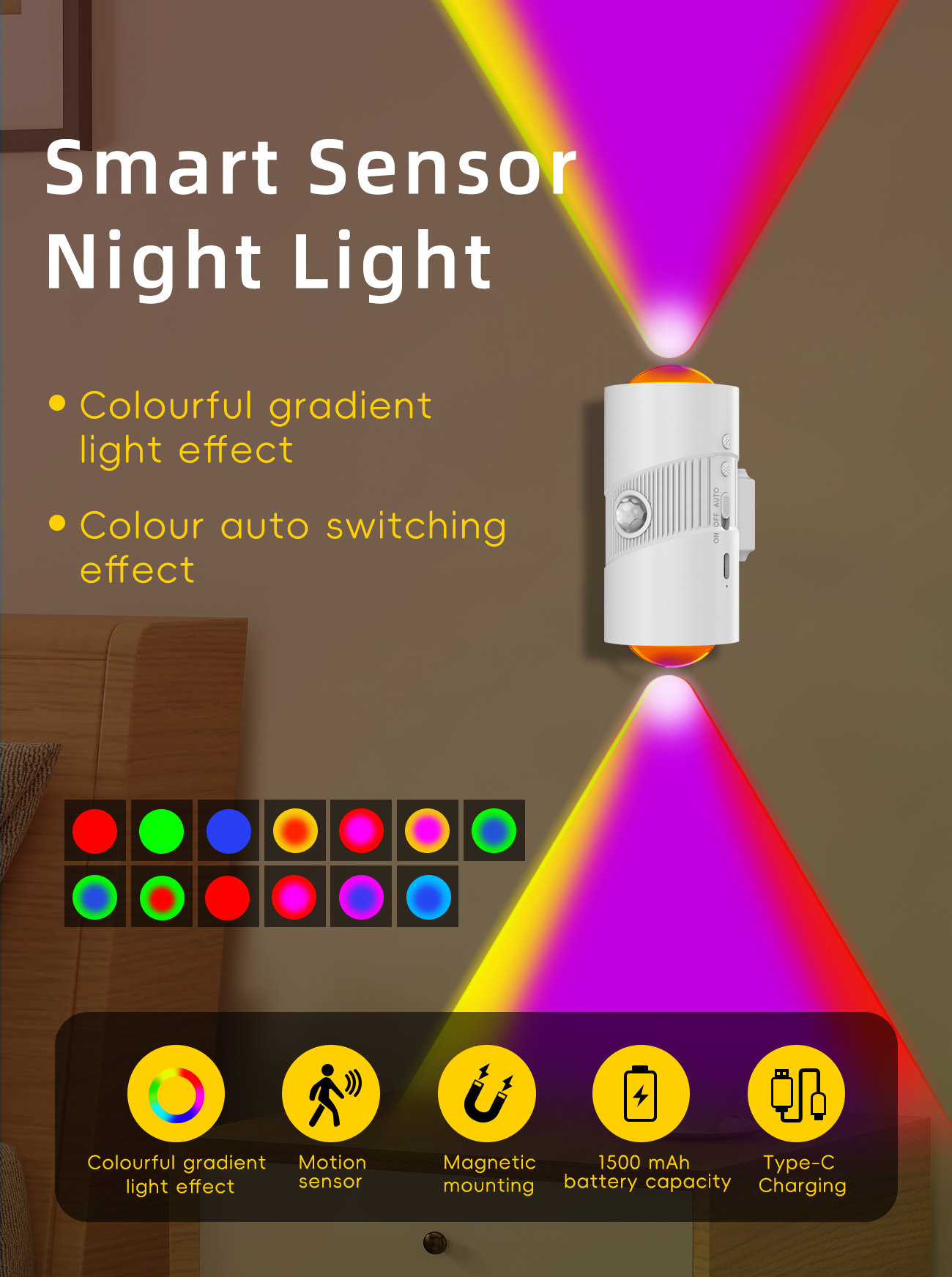 ☀️ Smart Sensor Night Light | 3 Color-changing LED Lights | USB ...