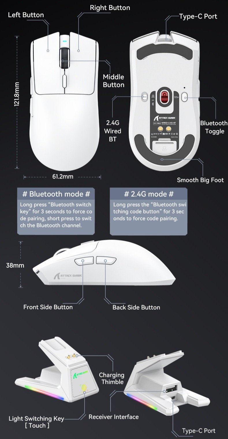 ATTACK SHARK X1 Wireless Gaming Mouse with RGB Charging Dock Pro Sensor ...