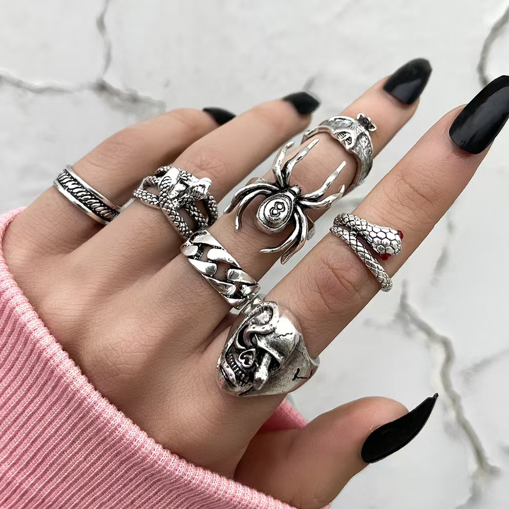 VMI Gothic Punk Ring Set Spider Snake Skull Hypoallergenic Stacking ...