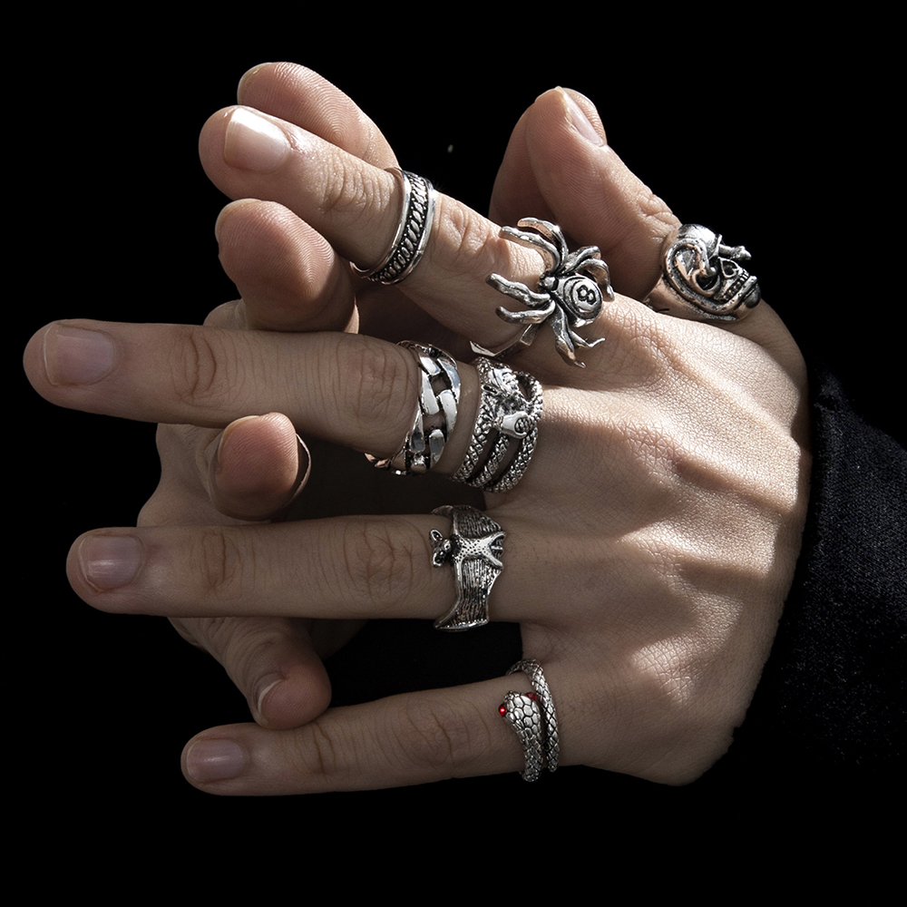 VMI Gothic Punk Ring Set Spider Snake Skull Hypoallergenic Stacking ...