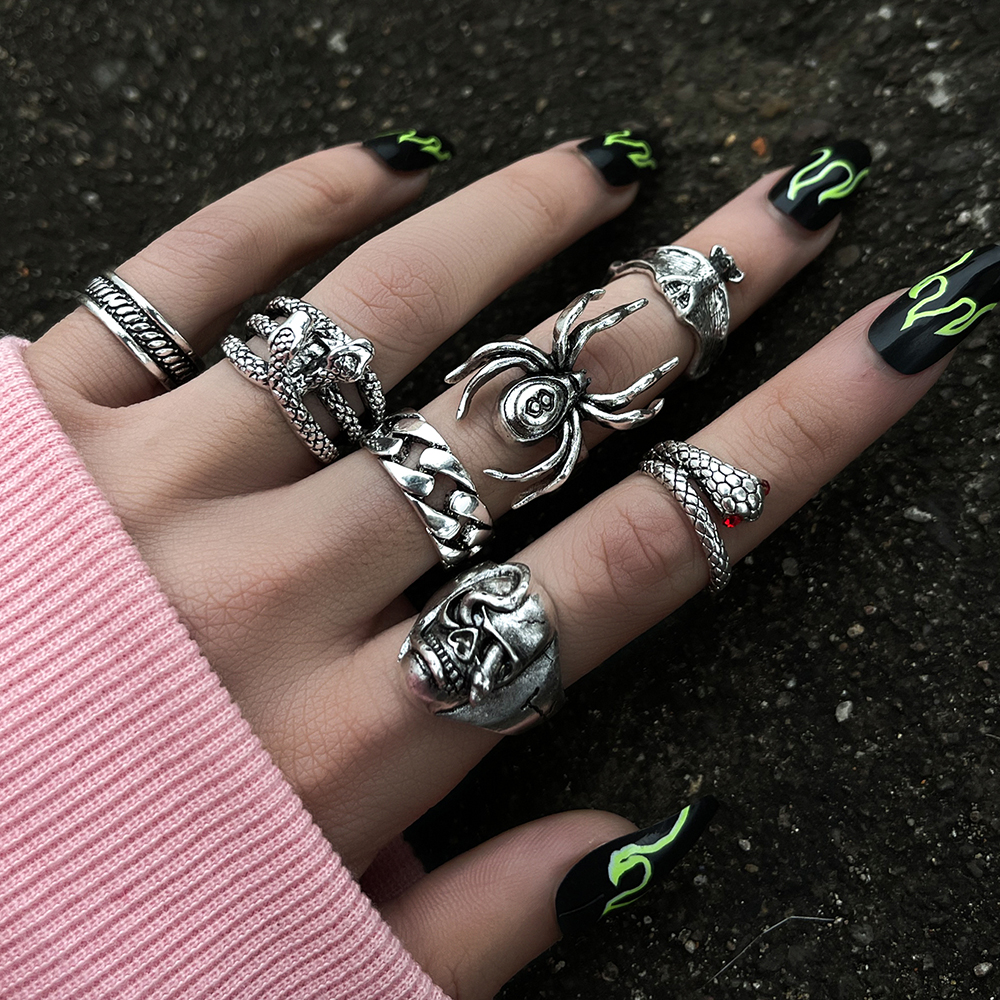 VMI Gothic Punk Ring Set Spider Snake Skull Hypoallergenic Stacking ...