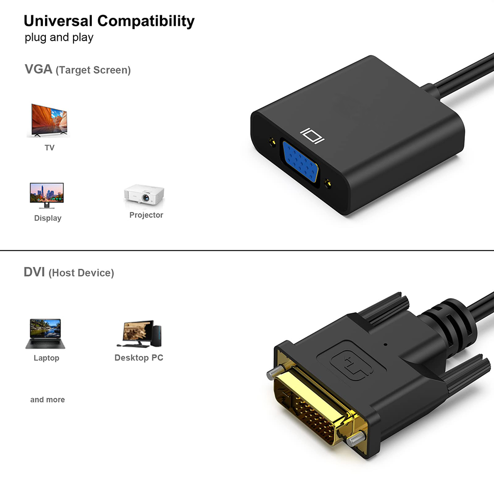 Full HD 1080P DVI D to VGA Adapter Cable 24+1 Pin for PC and Computer ...