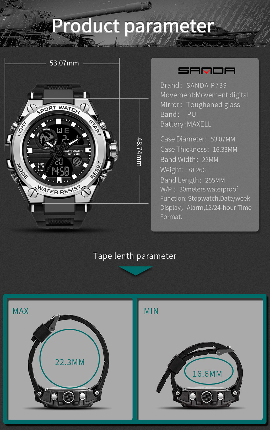 Sanda Military Waterproof Multi-Function Fashion Luxury Men Watch 739 ...