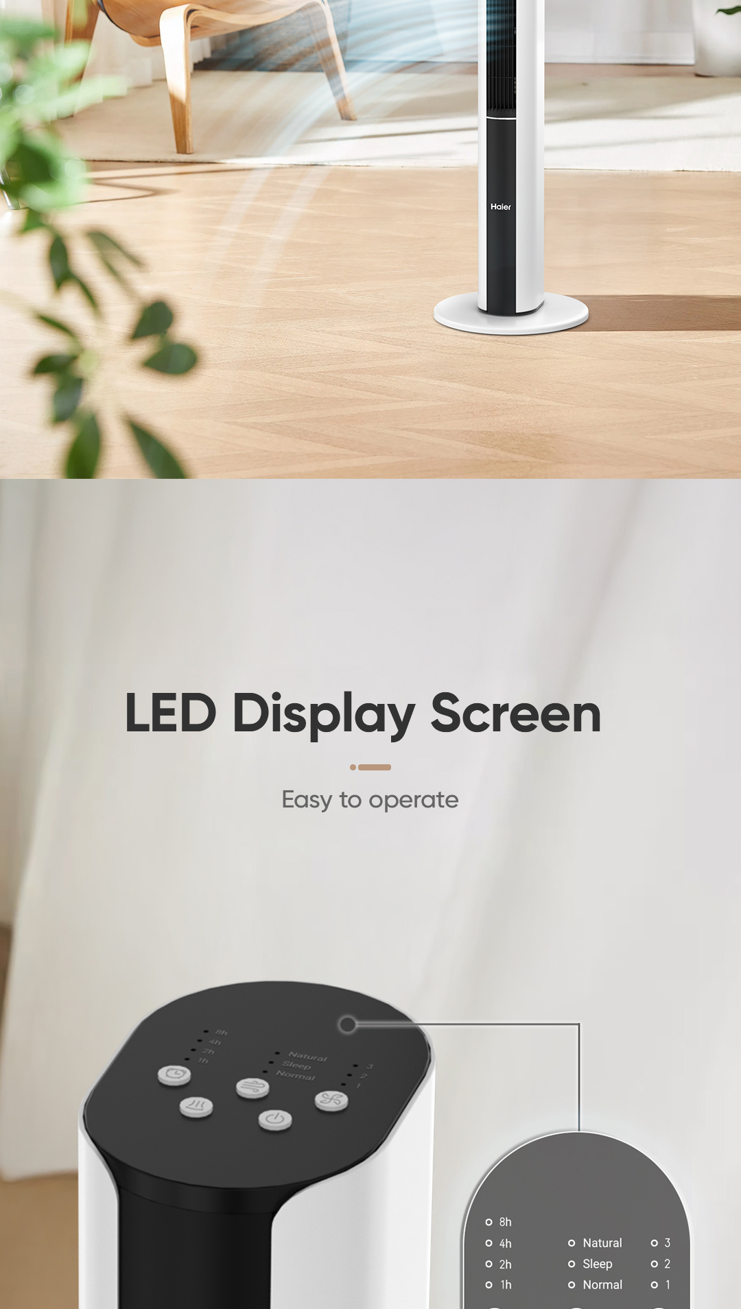 Haier Electric Tower Fan with LED Touch Control 15H Timer Cooling Stand ...