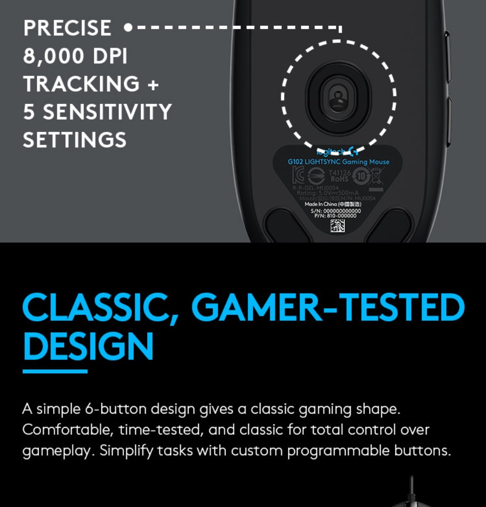 Logitech G102/G203 Gaming Mouse with LIGHTSYNC RGB, 6 Programmable Buttons, Gaming Grade Sensor ...