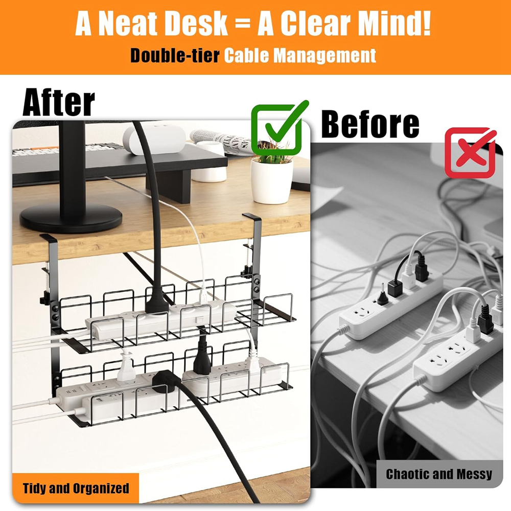 2 Tier Adjustable Under Table Socket Hang Holder Power Strip Storage ...