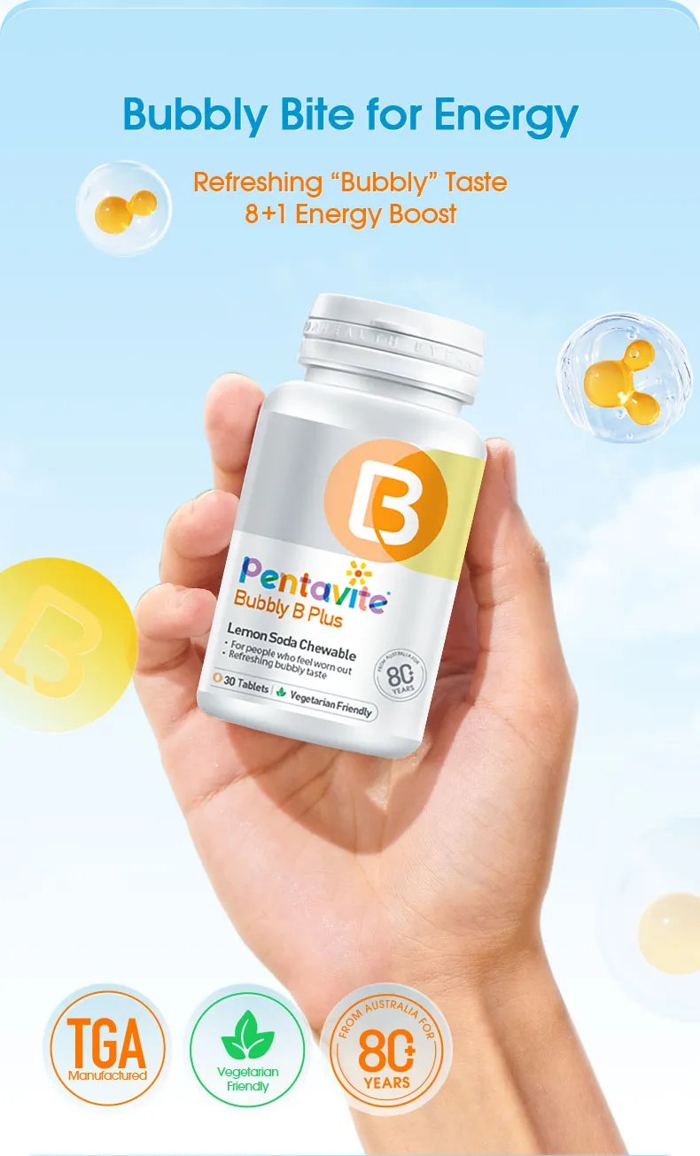 Pentavite Bubbly B Plus Energy (Lemon Soda) 30 tablets Chewable Vitamin ...