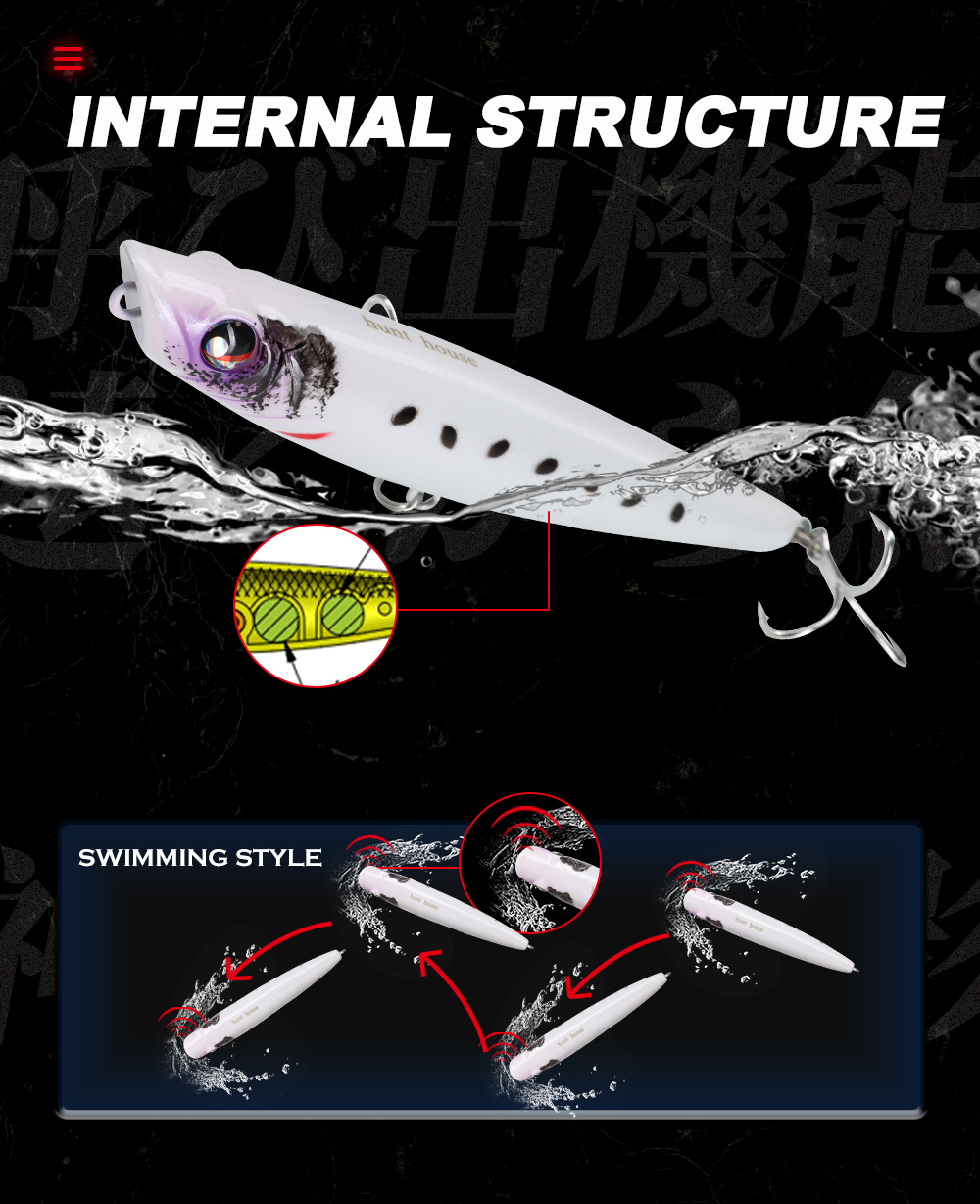 Hunthouse Pop Walker Pencil Fishing Lure Floating Hard Bait Topwater ...