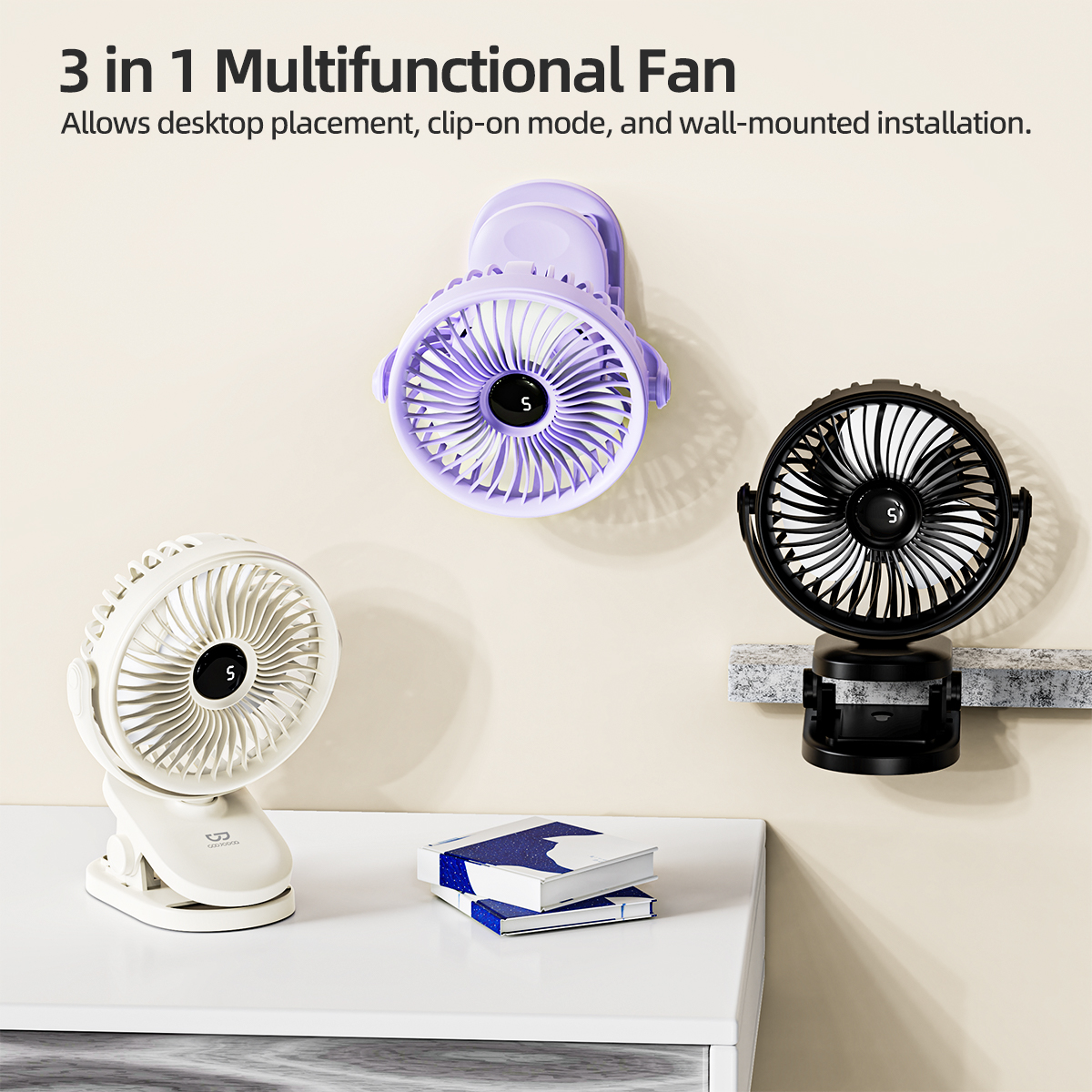 GOOJODOQ 2000 mAh Desktop Fan Mini Portable 720-Degree Adjustable ...