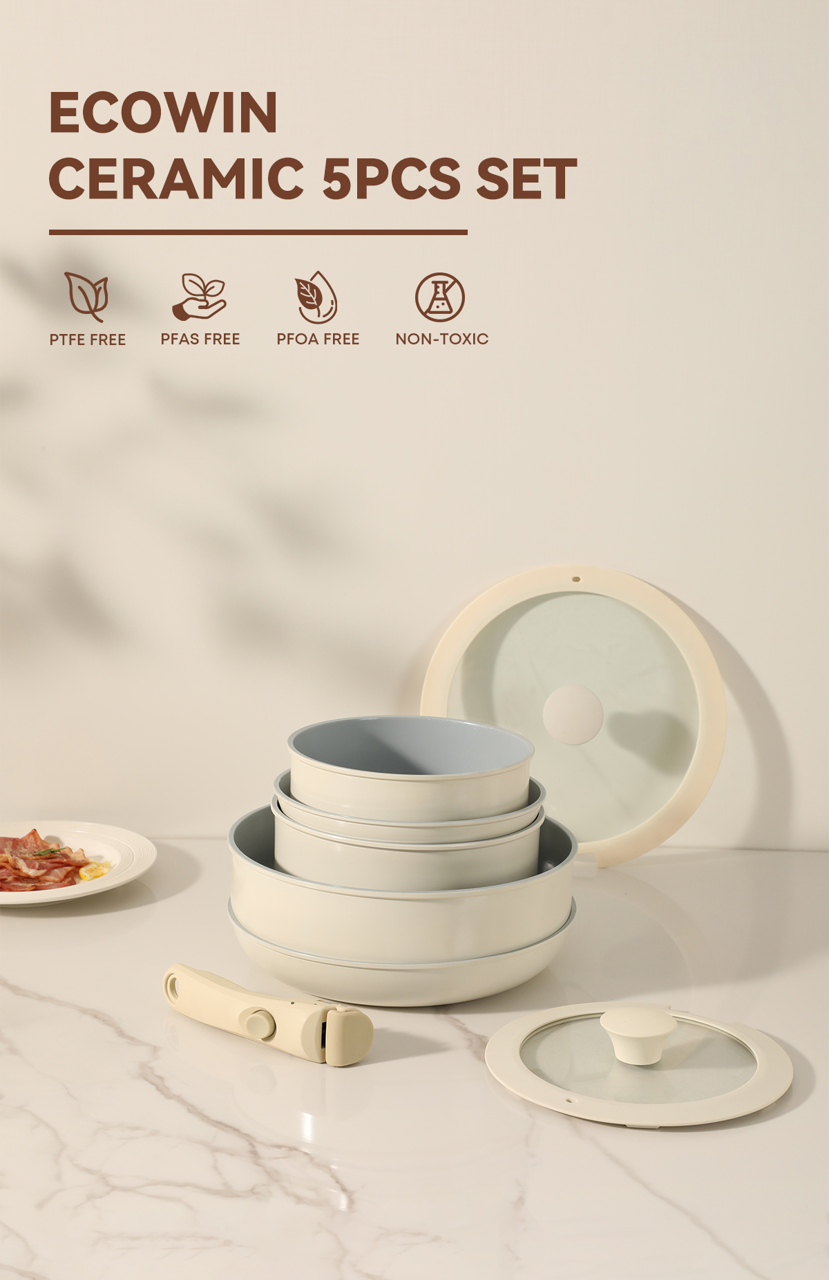 Ecowin Cookware Set (5Pcs) Handle Removable Non Stick Pan Ceramic Rock Coating PFAS & PTFE Free ...