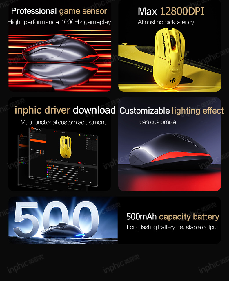 Inphic Gaming Mouse Wireless Rechargeable 12800dpi 2.4G/Bluetooth 6 ...