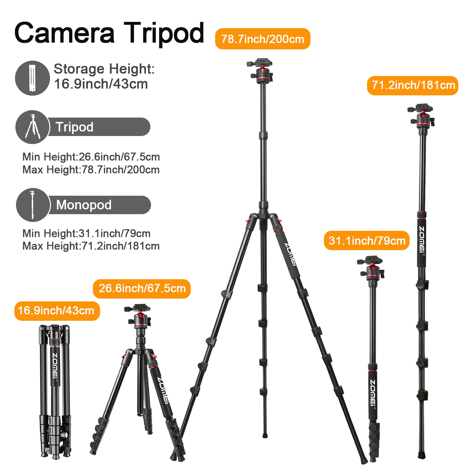 Zomei Q188/Q200 190cm/200CM Camera tripod Aluminum Alloy Tripod with 3 ...