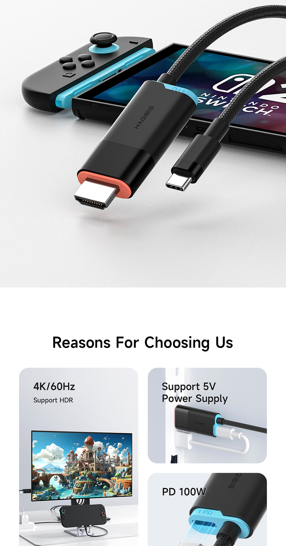 Hagibis Switch Dock for Nintendo Switch1/Switch2/OLED 4K@60Hz USB C to HDMI Cable Adapter 100W ...