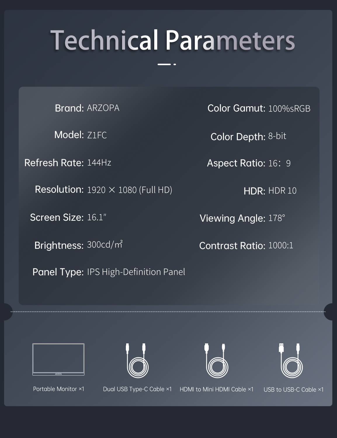 ARZOPA-Z1FC 144Hz Portable Gaming Monitor 100% sRGB For Switch ...