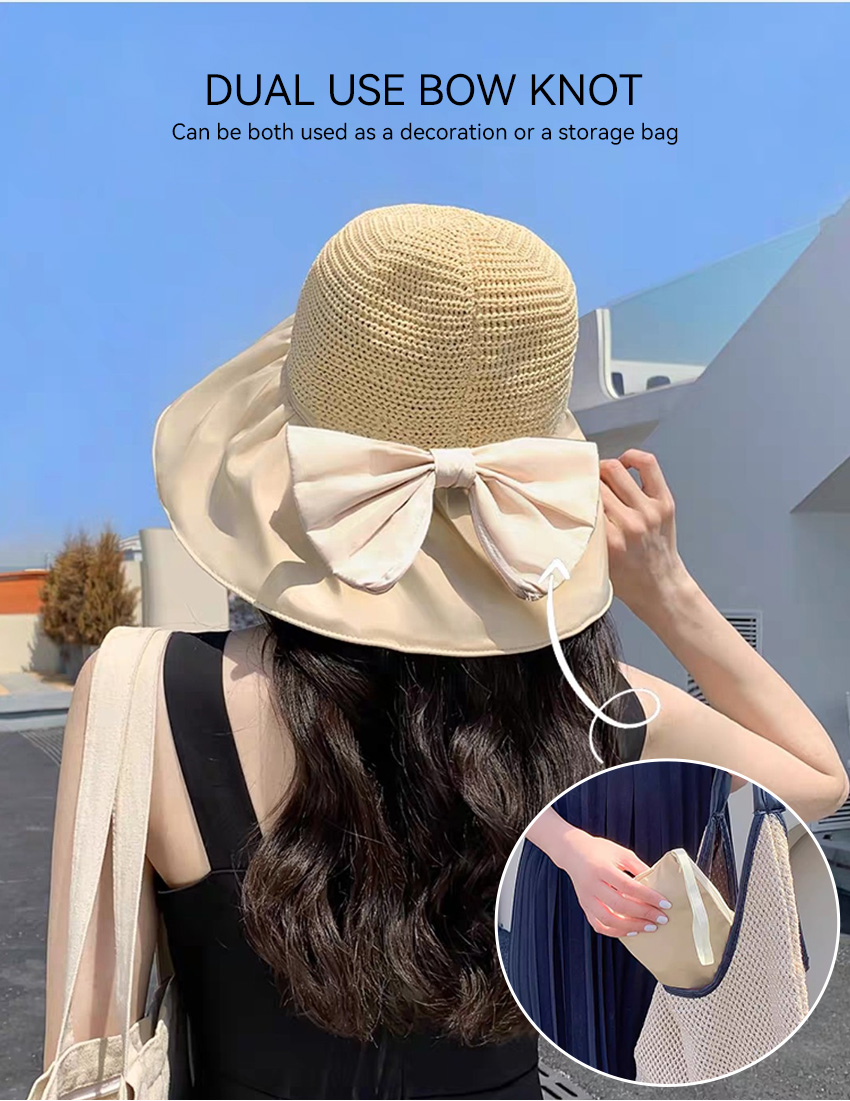 HOZADA Women Sun Cap Foldable Sun-proof Hat Portable Beach Cap Bow Knot ...
