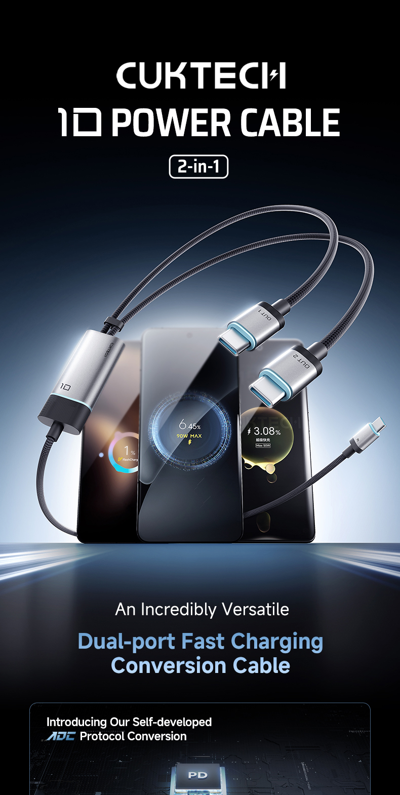 CUKTECH 100W Max 2 in 1 Type-C to Type-C+Type-C Fast Charging Cable ...