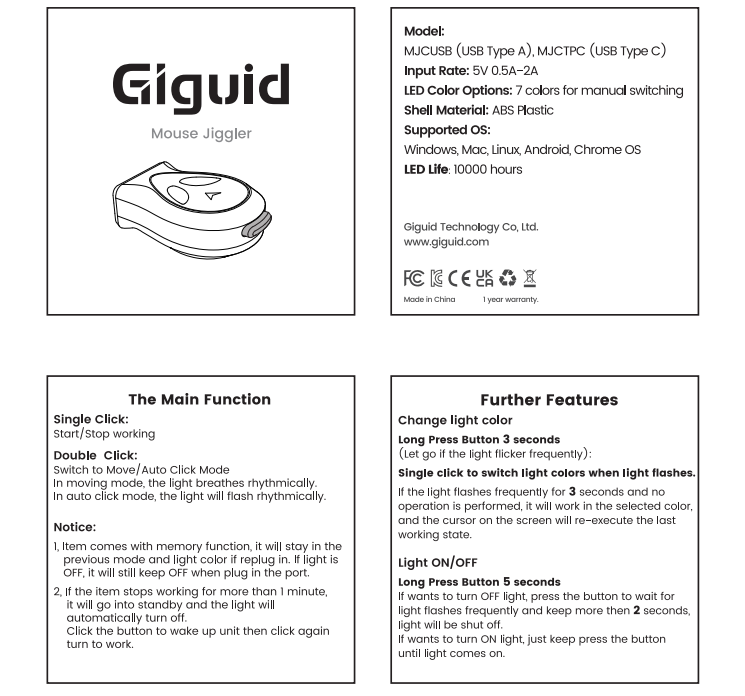 Giguid USB Mouse Jiggler Undetectable Auto Clicker RGB Switchable with ...