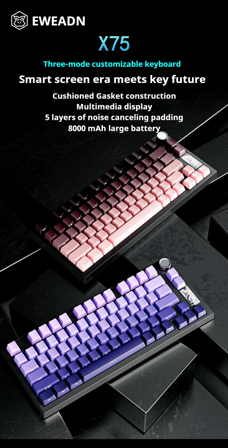 EWEADN X75 Tri-Mode Wireless Mechanical Keyboard - with CNC Metal Knob, RGB Backlighting & Noise ...