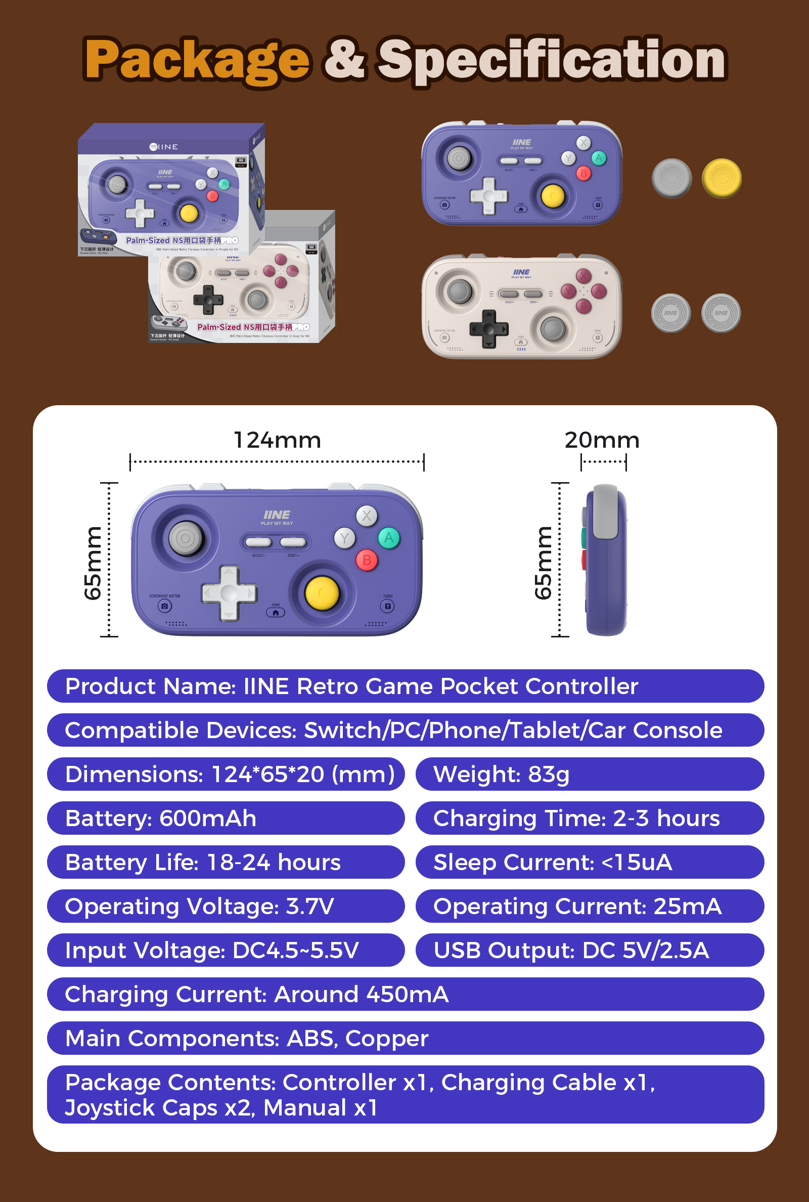 IINE Retro Pocket Game Controller/Compact & Portable Hall Joysticks ...