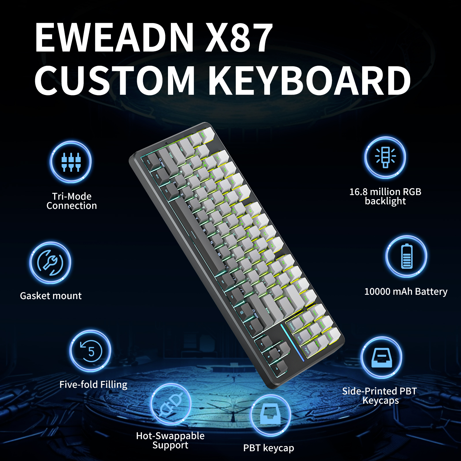 EWEADN X87Ultra Triple-Mode Wireless Keyboard With RGB Backlighting Rechargeable Ergonomic ...