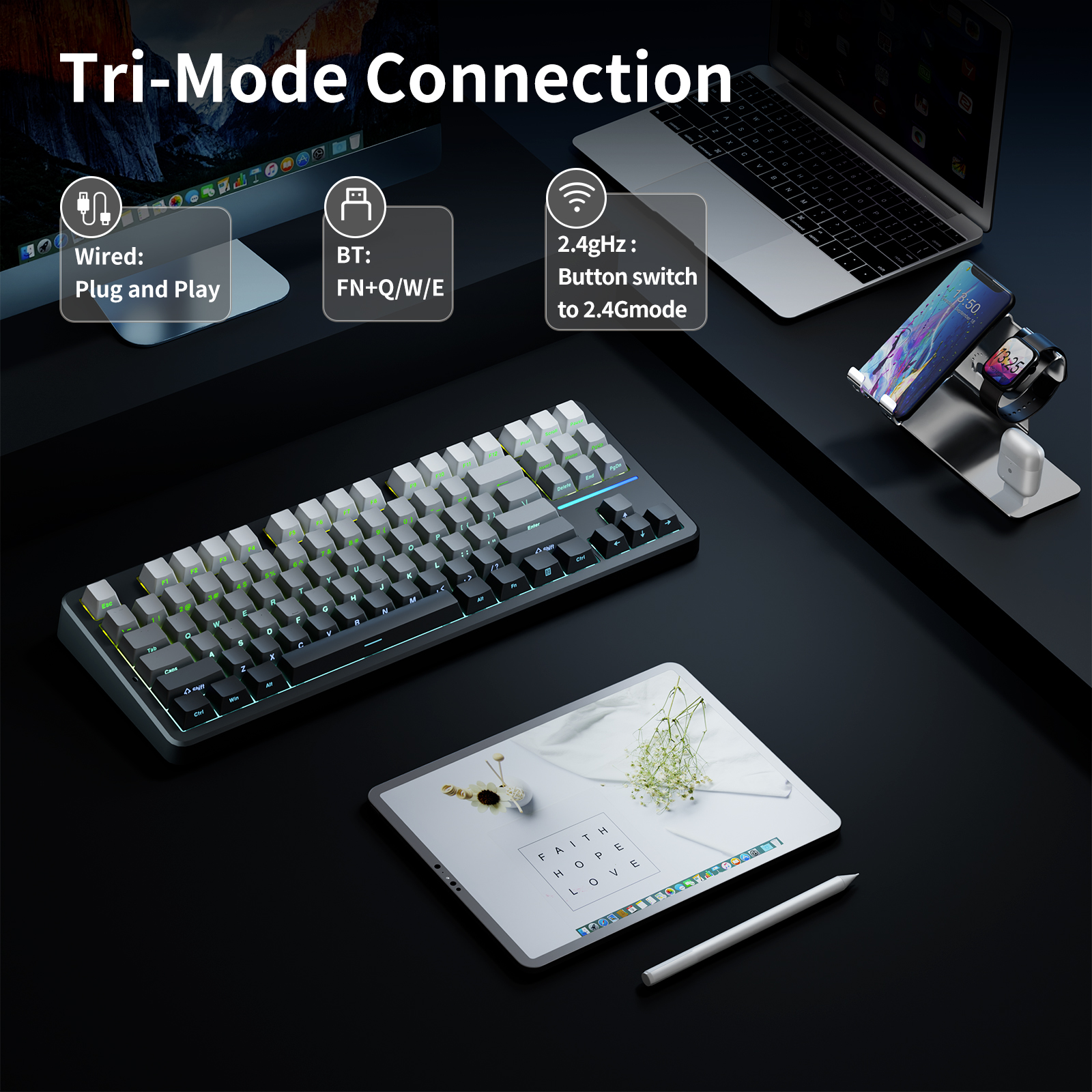 EWEADN X87 Ultra Triple-Mode Wireless Keyboard - RGB Backlighting, Rechargeable Battery ...