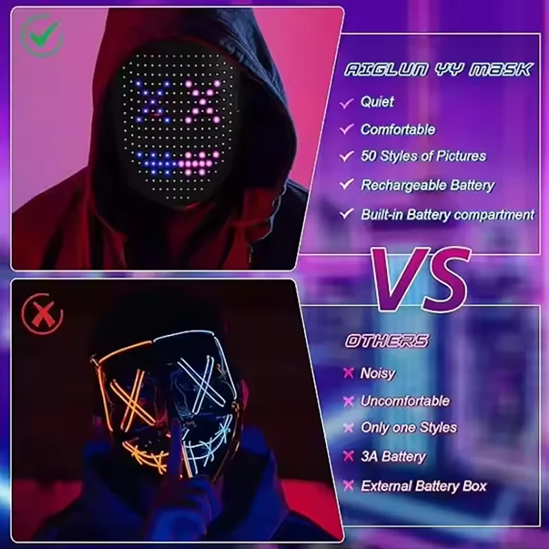 LED Halloween Mask Light Up Gesture Transforming Led Sensor Color ...