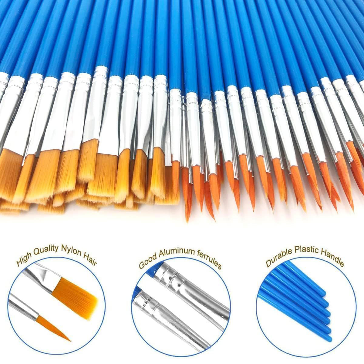 100pcs Nylon Flat/Round Brushes Set, suitable for acrylic, watercolor ...