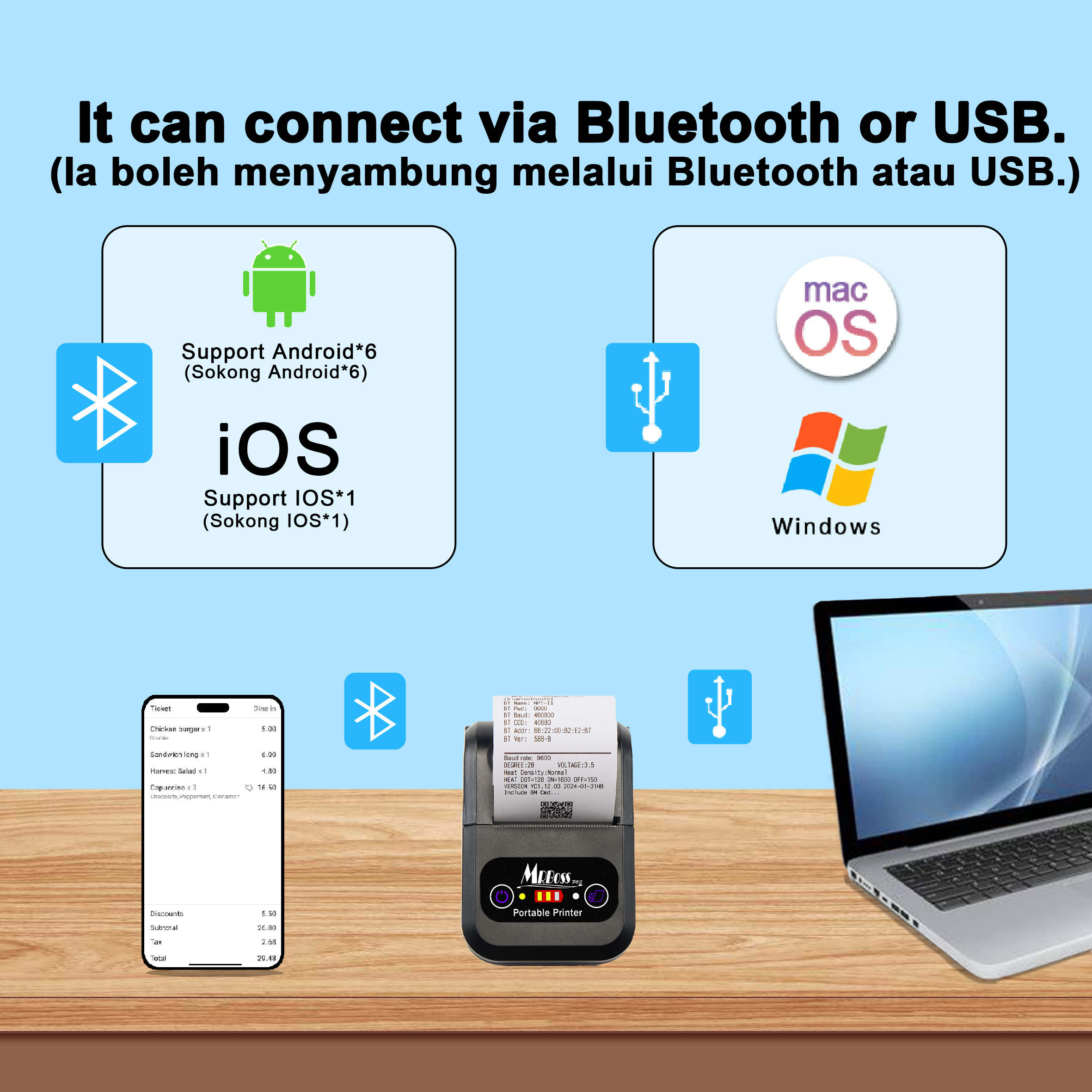 2“ 58mm Portable Receipt Printer USB Bluetooth POS Cash Till Register ...