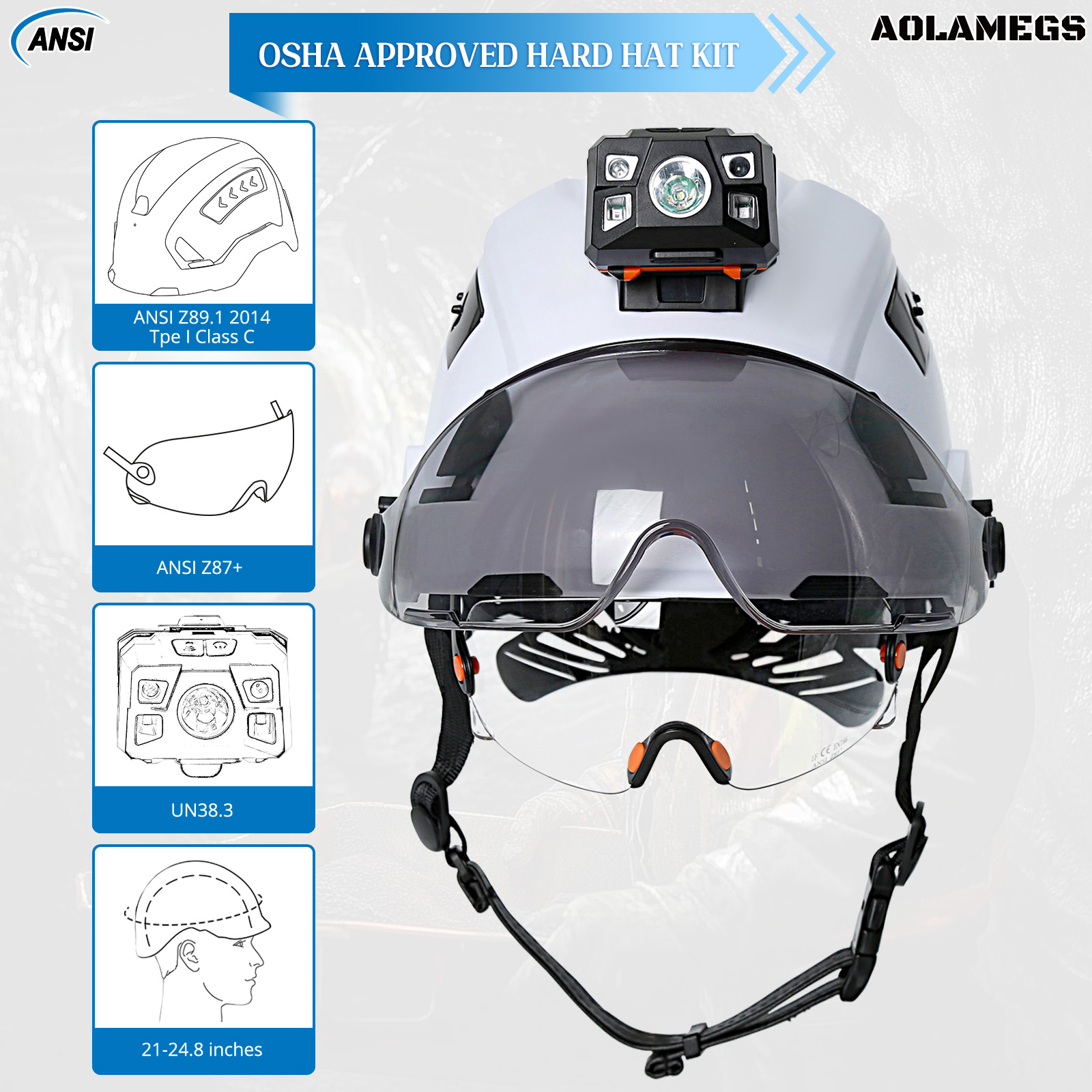 AOLAMEGS Safety Helmet With Double Goggles And Induction Headlight ...