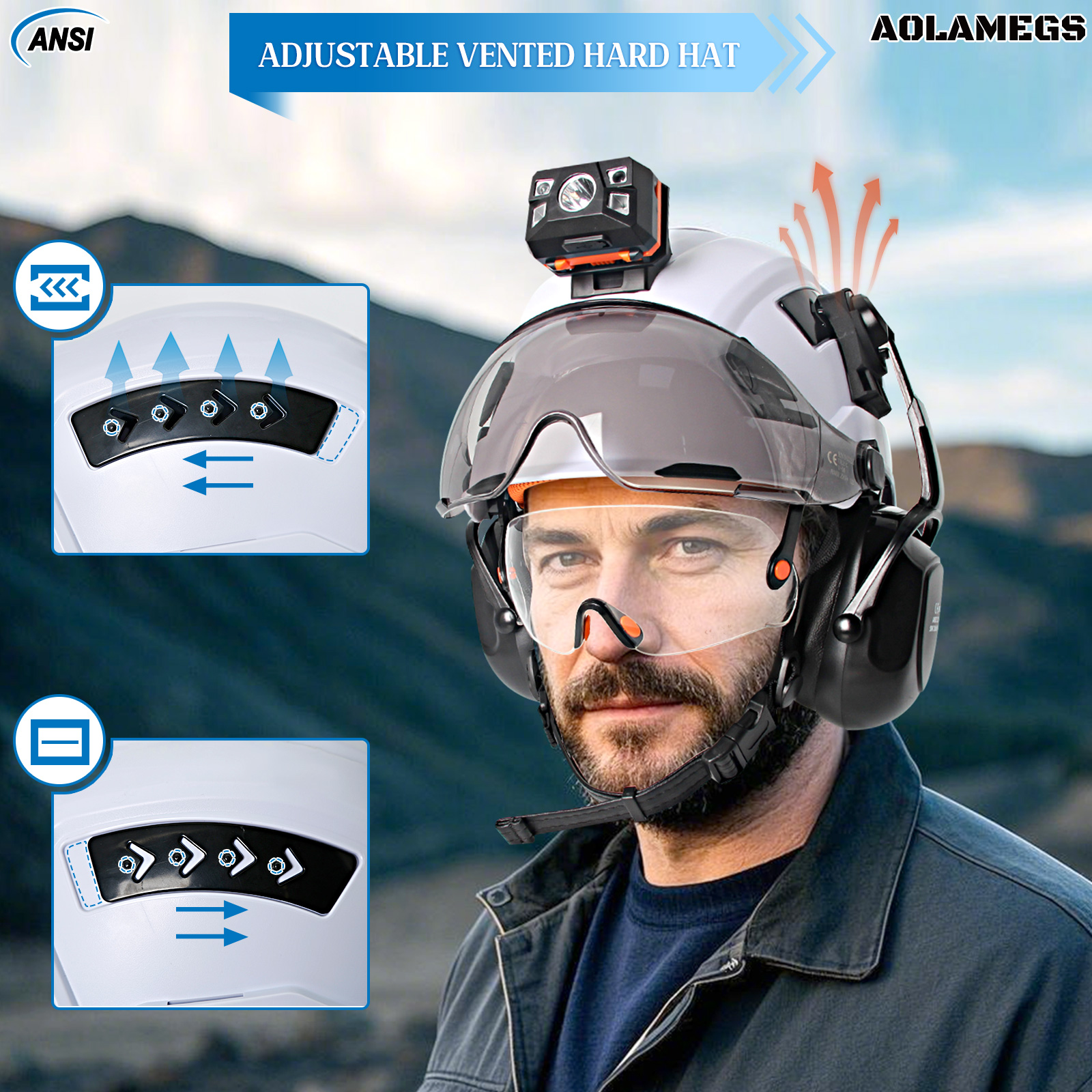 AOLAMEGS Safety Helmet With Double Goggles Earmuff Headlight Outdoor ...