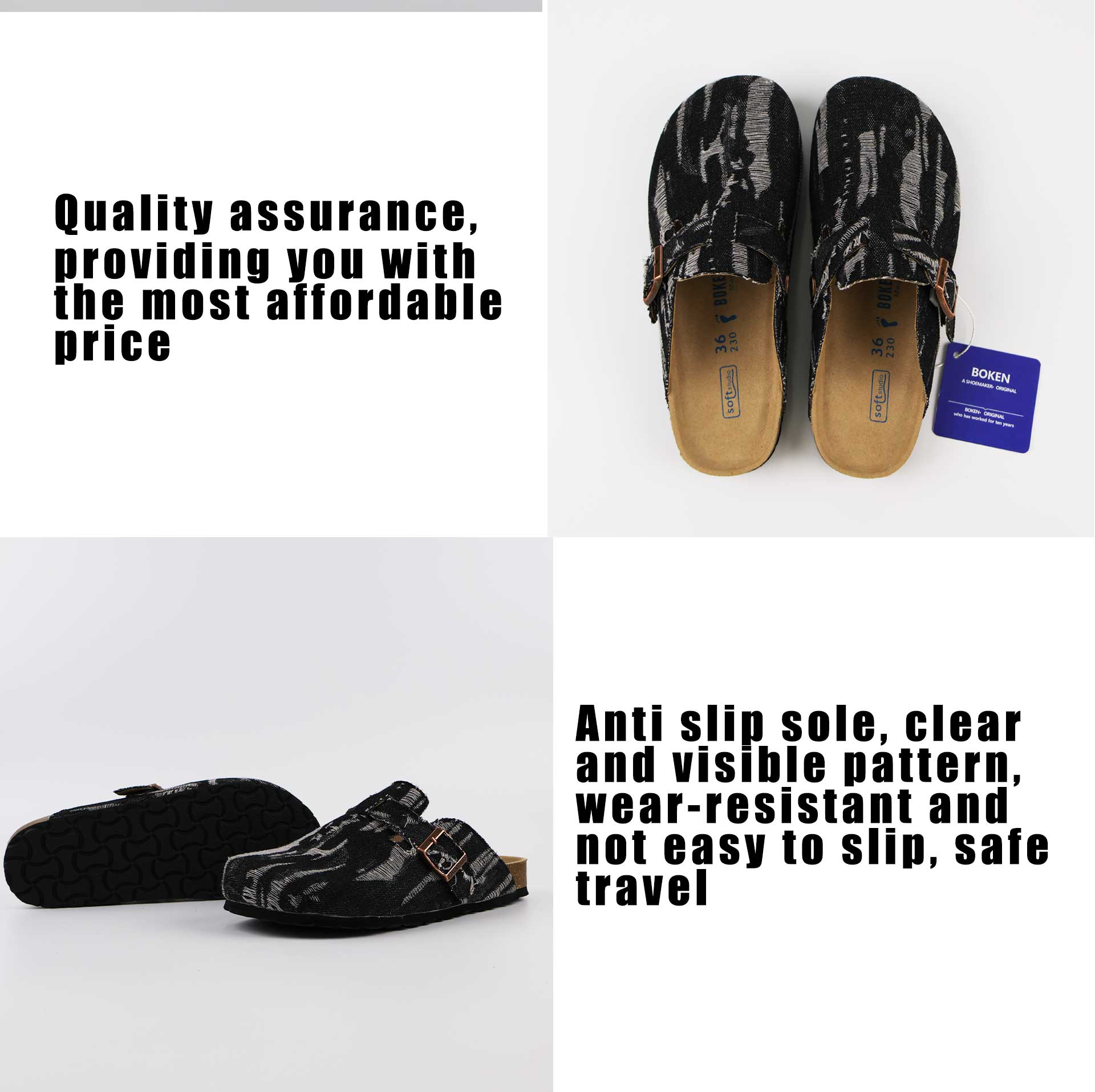 BOKEN Men's Mules Sandals Clogs Denim Cork Baotou Beach Soft Footbed ...