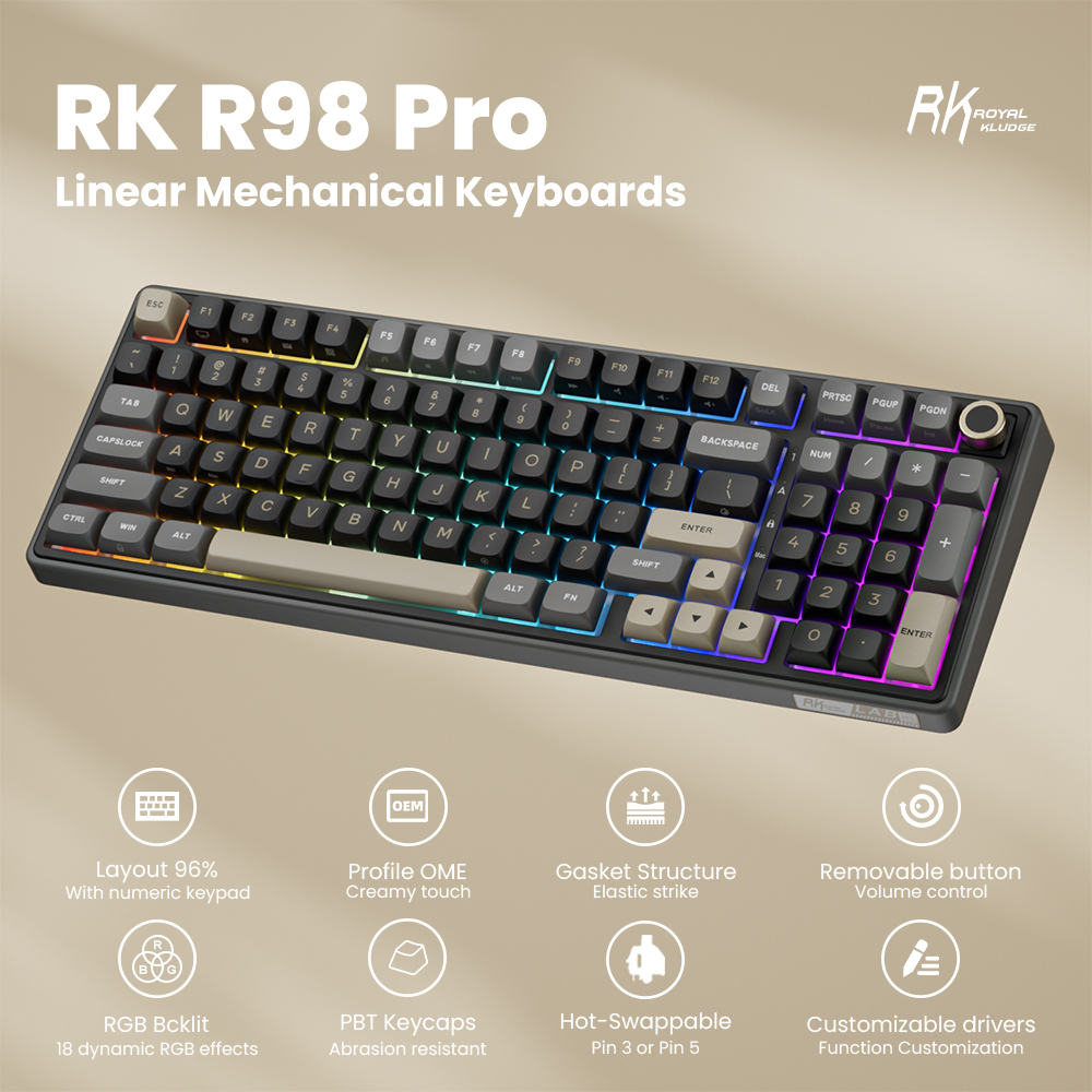 Royal Kludge RK R98Pro Phantom 98 Key RGB Wired With Knob Mechanical ...