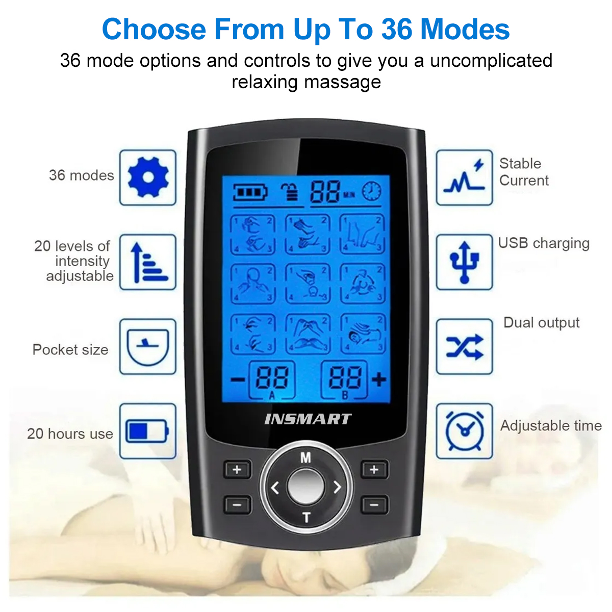 INSMART 36 Modes 2 Channels 3in1 TENS Electric Stimulation ...