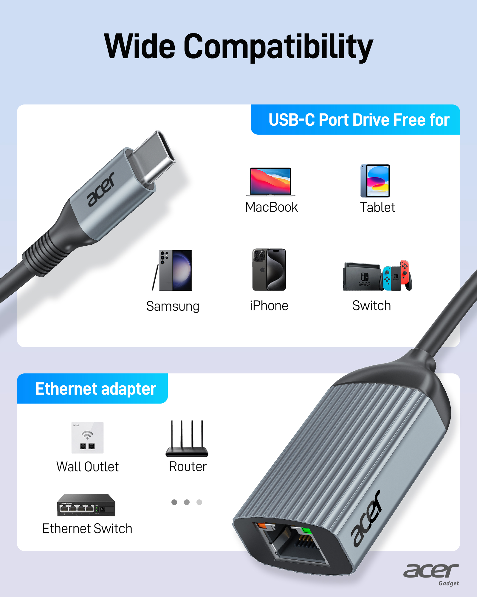acer USB C to Ethernet Adapter, 1000mbps RJ45 Network LAN Dongle, Plug ...