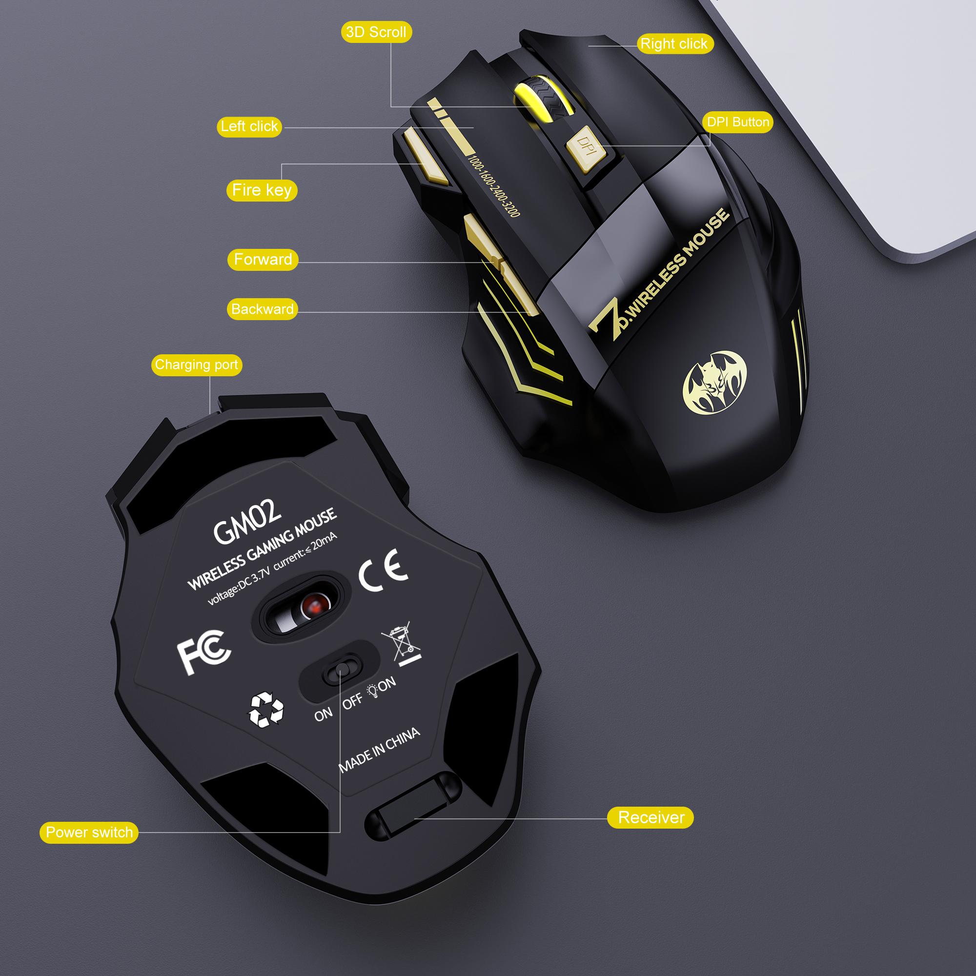 7D Wireless Gaming Mouse RGB Lighting 4 DPI Levels Esports + 500 Cycles ...