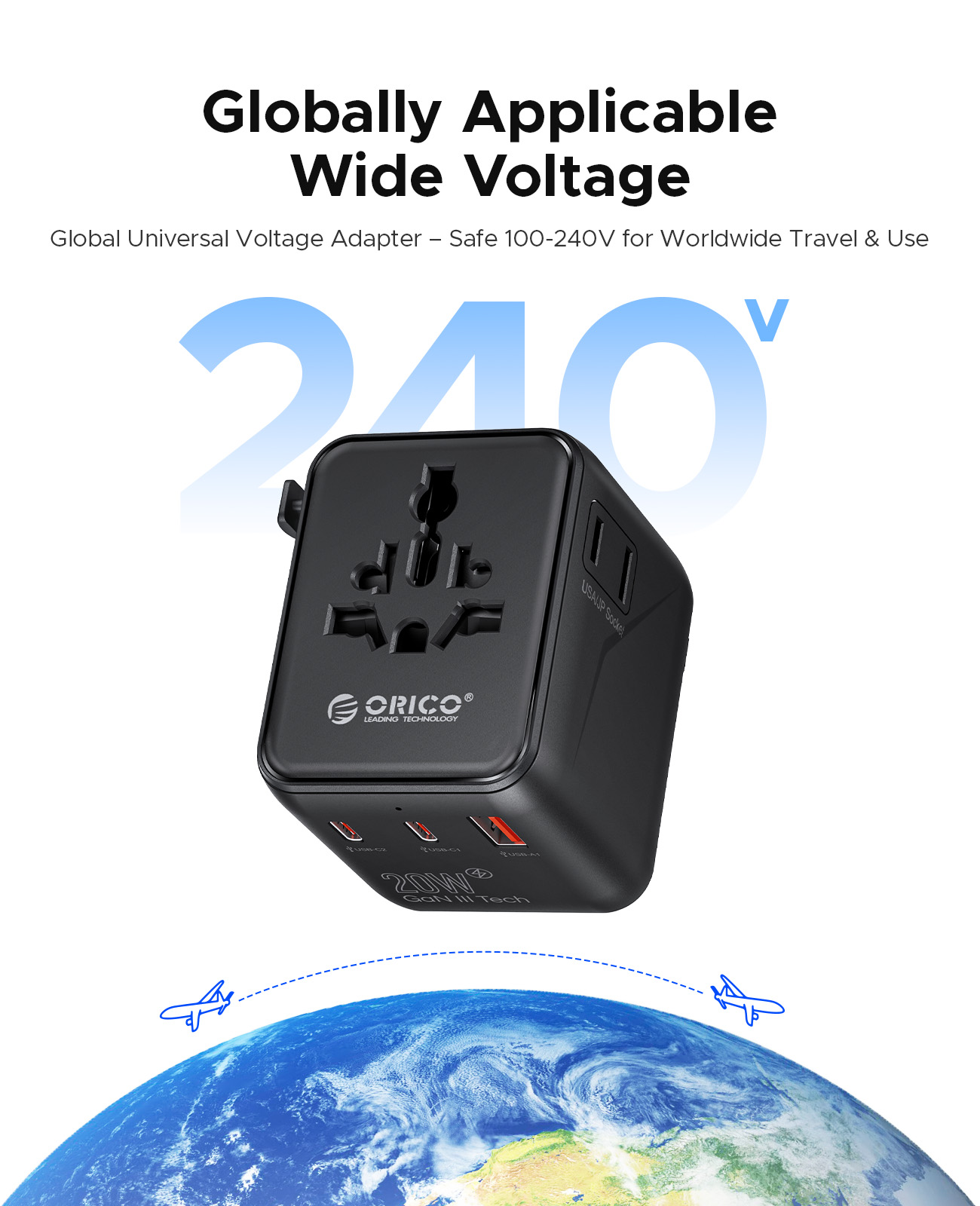 ORICO Universal Travel Adapter with USB Type C Ports Charger Plug ...