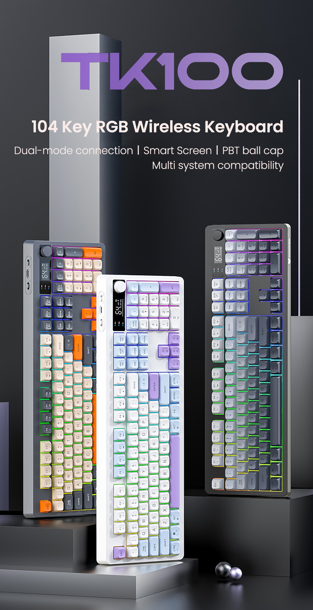 XUNFOX TK100 RGB Wireless Keyboard Dual-Mode Connection With Smart ...