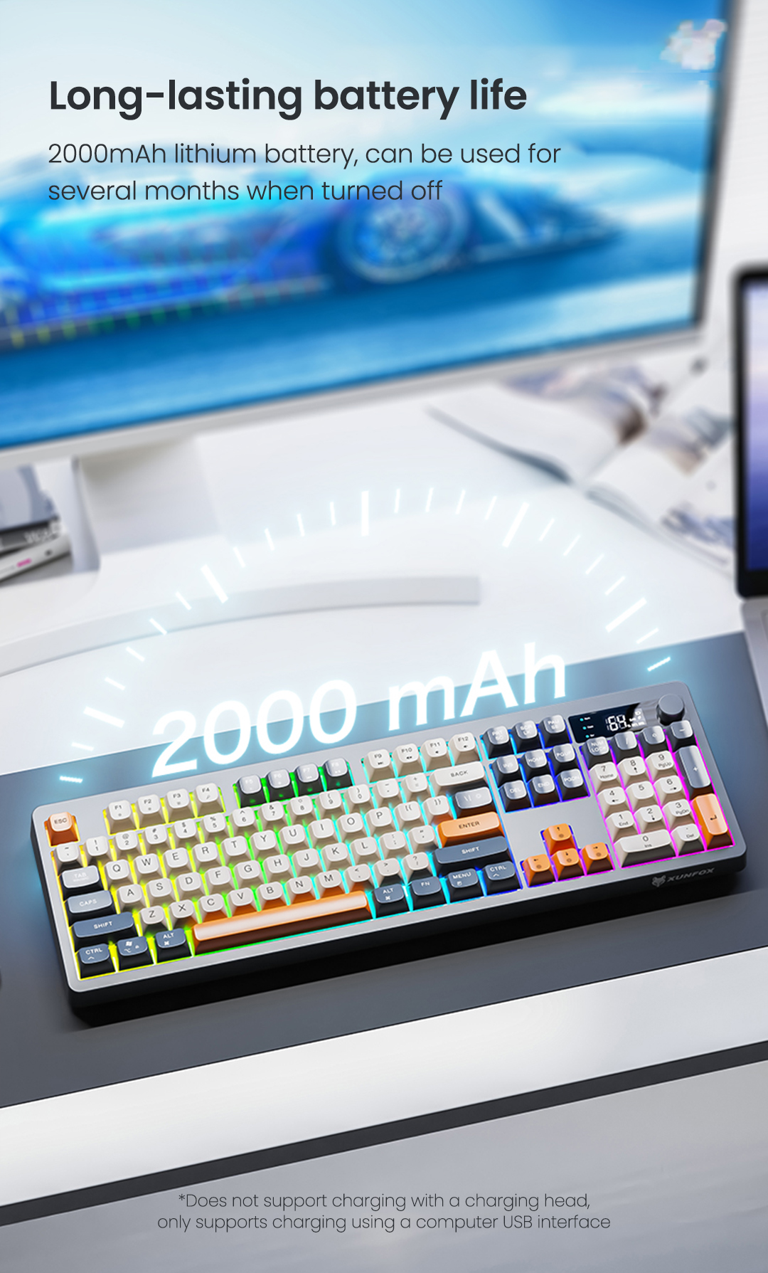 XUNFOX TK100 RGB Wireless Keyboard Dual-Mode Connection With Smart ...