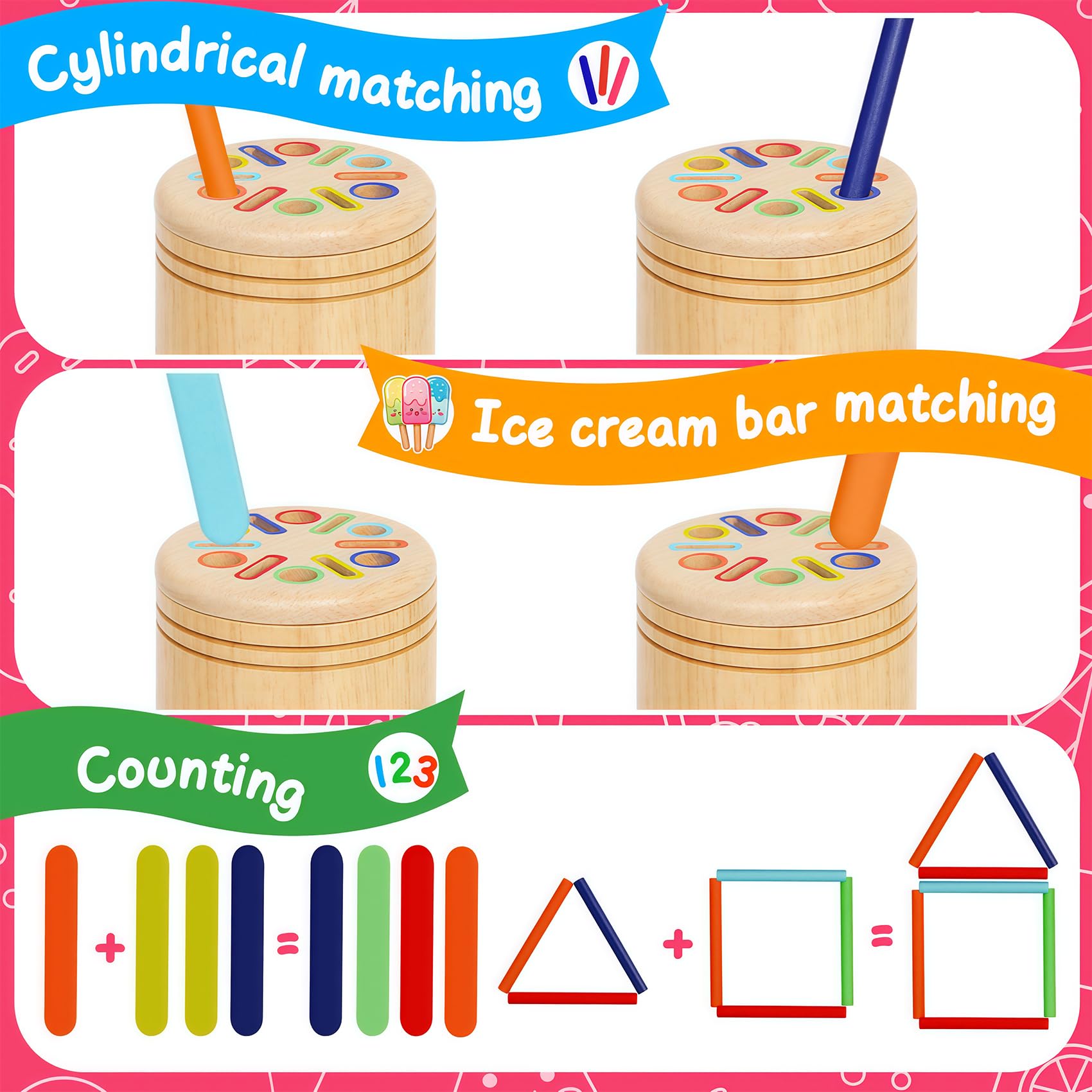 Wooden Montessori Color Sorting Toy Ice Cream Stick Round Rod 2-In-1 ...