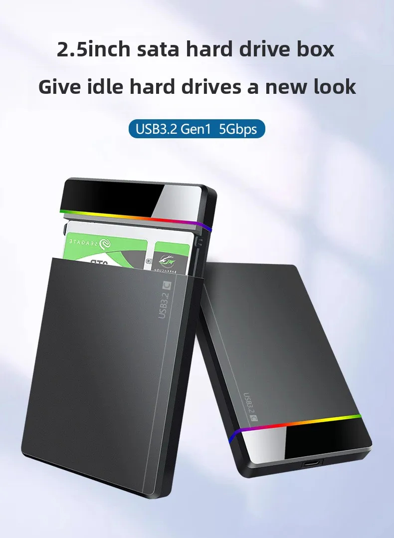 2.5 Inch SATA HDD SSD External Hard Drive Case USB 3.2 RGB Enclosure ...