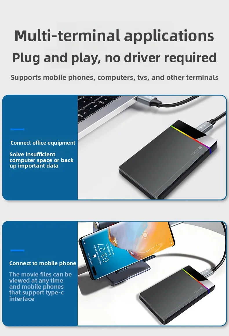 2.5 Inch SATA HDD SSD External Hard Drive Case USB 3.2 RGB Enclosure ...