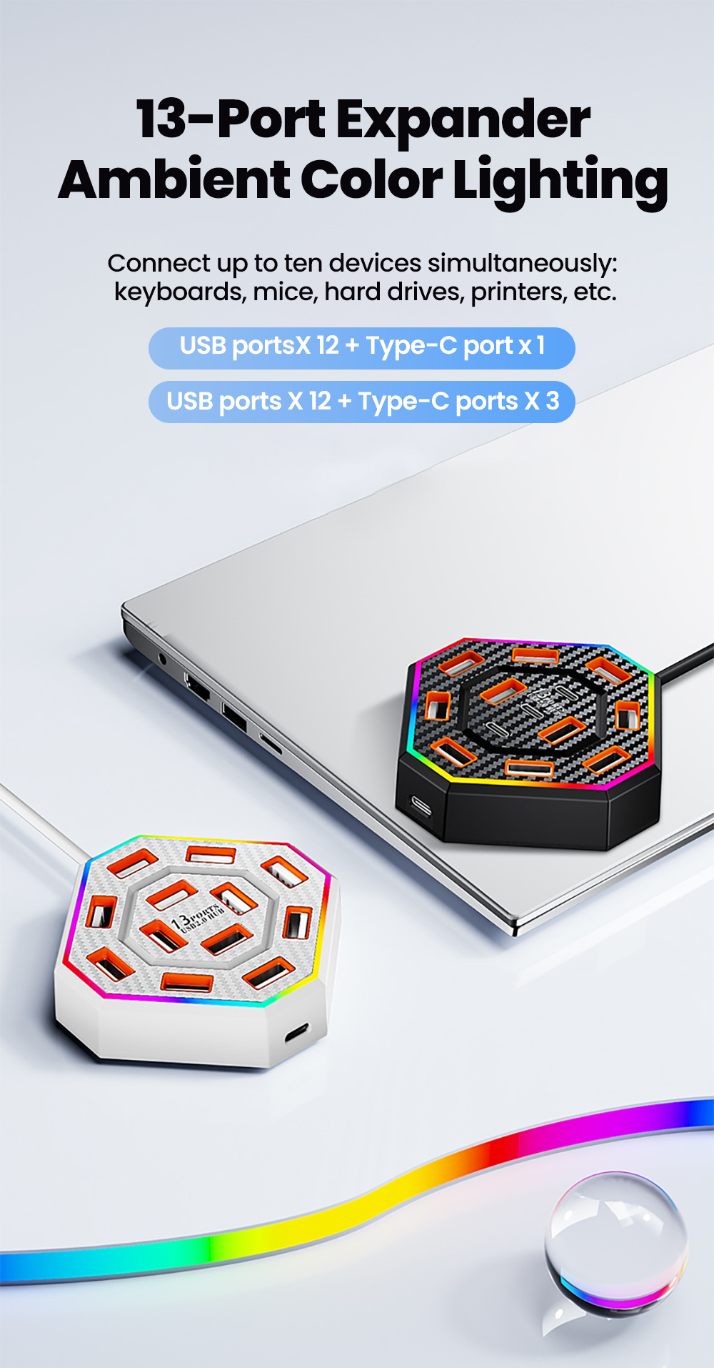 13 Port Colorful Ambient Light Hub 2.0 USB Hub RGB Docking Station ...