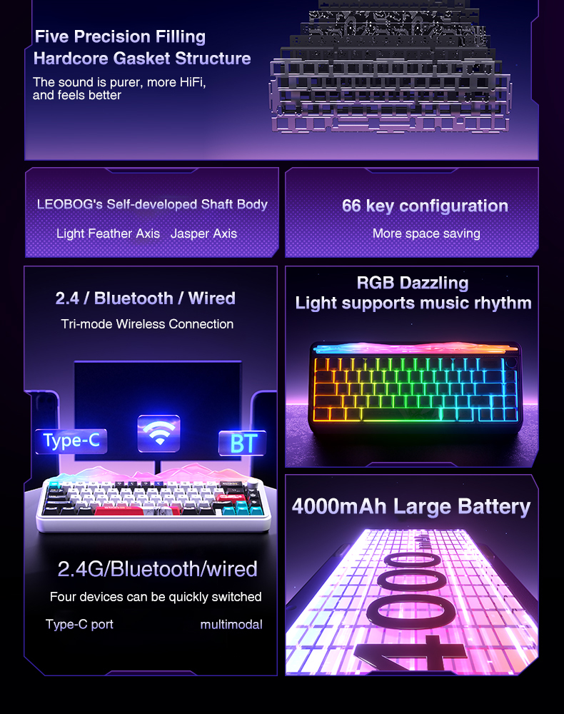 AULA LEOBOG Hi65 Customized Mechanical Keyboard 66Key Tri-Mode CNC Aluminum Case RGB Knob ...