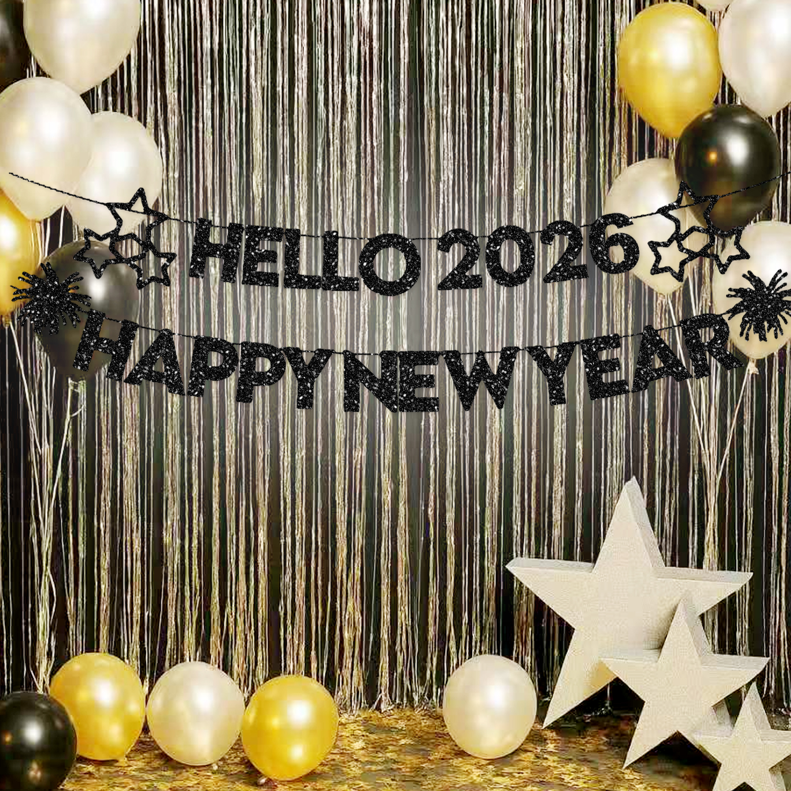 Hello 2026 NYE Decorations Glitter Happy New Year Black Banner New ...